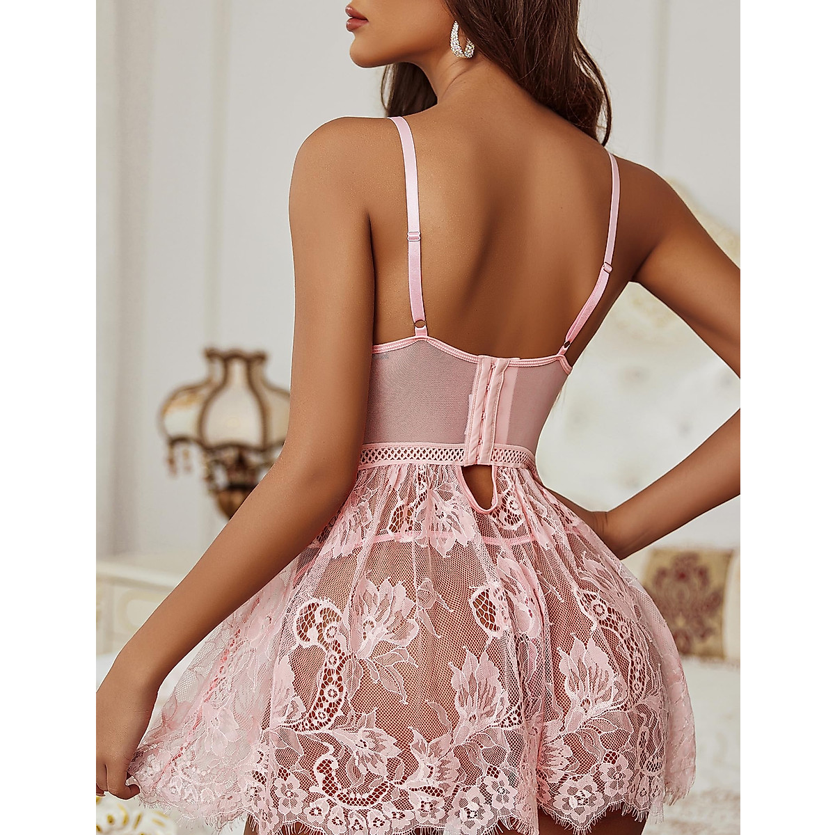 Avidlove Lace Babydoll V Neck Chemise Halter Teddy Strap Sleepwear (Pink, Small)