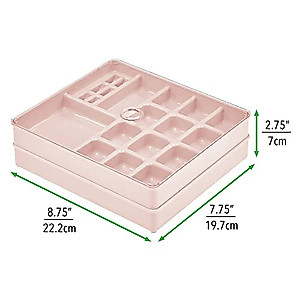 mDesign Stackable Plastic Storage Jewelry Box - 2 Organizer Trays with Lid for Drawer, Dresser, Vanity - Holds Necklaces, Bracelets, Bangles, Rings, Earrings - 3 Pieces - Light Pink/Clear
