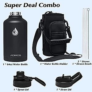 Adimos Insulated Water Bottle 64oz with Straw, Half Gallon Large Big Metal Double Wall Vacuum Stainless Steel Thermos Water Jug, Bottle Holder & 2 Lids, Leakproof Keep Cold 48H Hot 24H, Black