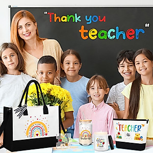 Locmeo Teachers' Day Gifts Bulk Appreciation Gifts for Teacher Include a Tote Bag a Makeup Bag a Piece of Puzzle a Lavender Scented Candle a 16 oz Glass with Lid Straw and Brush