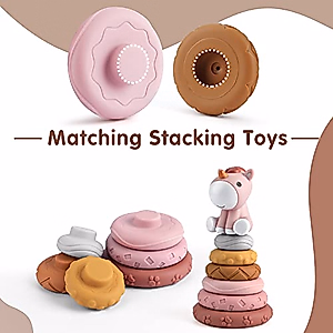 Nueplay 7 Pcs Stacking & Nesting Baby Toys, Squeeze Teething Baby Toys and Building Circle with Pink Horse Figure, Newborn Essentials for 6 12 18 Months Baby Toddler Girls