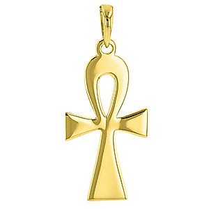 Jewelry America Solid 14K Yellow Gold Egyptian Ankh Cross Pendant Necklace with Concave Curb Chain Necklace, 18"