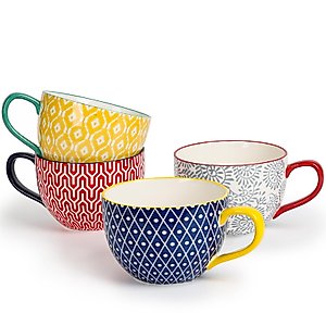 K KitchenTour Ceramic Soup Bowls with handle 24oz Set of 4 - Jumbo Soup Mugs for Cereal Tea Milk - Dishwasher & Microwave Safe - Bohemian Style