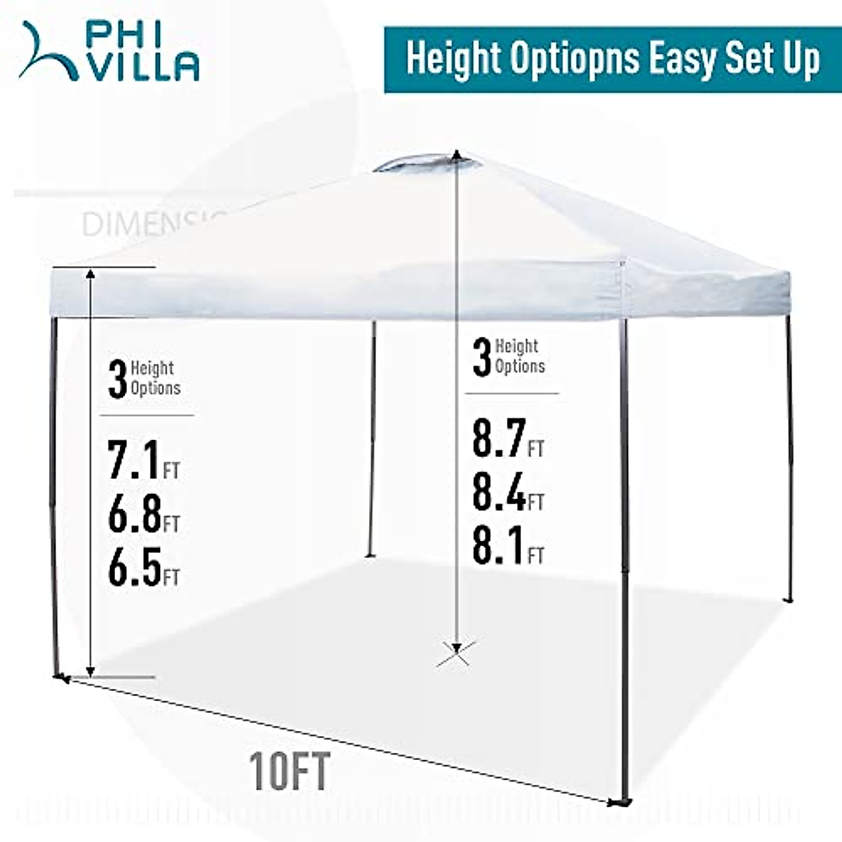PHI VILLA Pop-up Canopy 10x10 Patio Tent Instant Gazebo Canopy with Wheeled Bag, Portable Lightweight Folding w/Adjustable Height,White