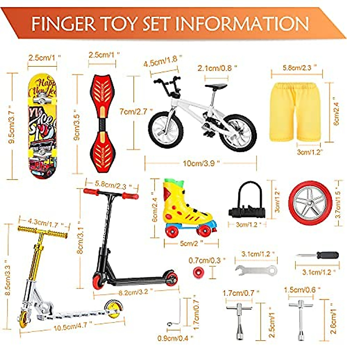 Suilung 25 Pieces Mini Finger Toys Set Finger Roller Skates Finger Pant Finger Skateboards Finger Bikes Scooter Tiny Swing Board Fingertip Movement Party Favors Replacement Wheels and Tools