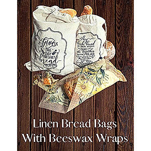 WISEOWELL Linen Bread Bags For Homemade Bread LINEN with Beeswax Wraps - 100% Organic Linen | Eco-Friendly | Bread Bags For Homemade Bread And Produce