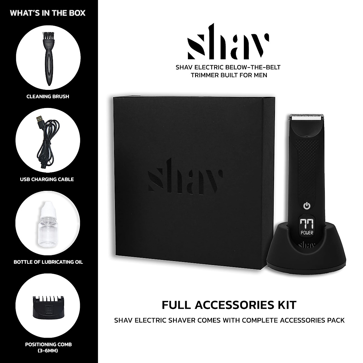 SHAV Electric Below-The-Belt Trimmer Built for Men, Men's Grooming kit | Hair Trimmer Kit: Replaceable Ceramic Blade, Waterproof Groin & Body Shaver, Standing Recharge Dock