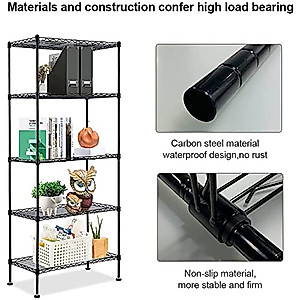 MACRO GLOBE 5-Tiers Carbon Steel Shelving Units, Kitchen Organizer with 6 Hooks, Classic Wire Shelving Units, Multi Use Storage Rack for Home Office, Size 59.10 “x 23.60” x 13.80”(Black)