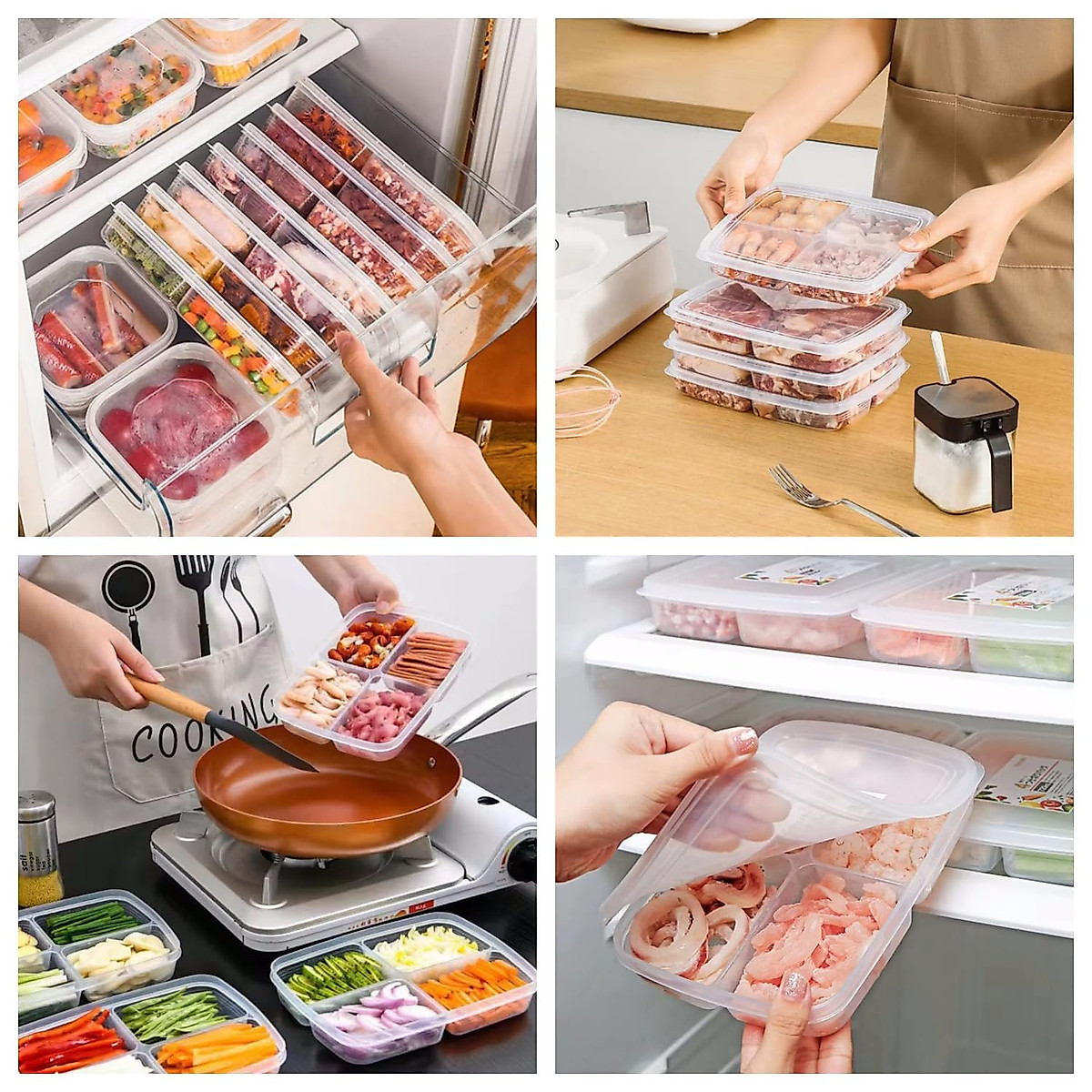 RHBLME 8 Pack Divided Food Storage Containers, Reusable 4 Compartment Food Container Food Storage Containers with lids, Multi Compartment Food Container for Storing Vegetables Meat Fish Fruits