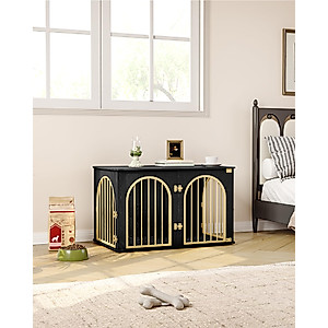Hzuaneri 39.4'' Wooden Dog Crate Furniture TV Stand, Indoor Dog Kennel for Small/Medium/Large Dogs, End Side Table Dog Crates, Anti-Chew, Anti-Escape, Arched Door Design, Black Gold DFC84104A