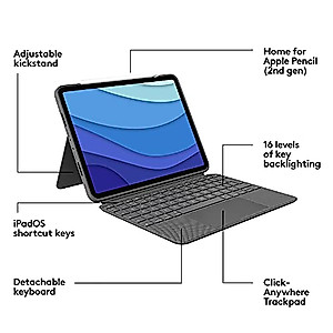 Logitech Combo Touch iPad Pro 11-inch (1st, 2nd, 3rd, 4th gen - 2018, 2020, 2021, 2022) Keyboard Case - Detachable Backlit Keyboard, Click-Anywhere Trackpad - Oxford Gray; USA Layout