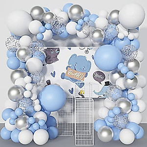 Monlot Baby Shower Decorations for Boy 150 Pcs Blue Balloon Garland Baby Blue Balloon Arch Kit White Metallic Silver Confetti Balloons for Wedding Bridal Shower Birthday Party Decorations