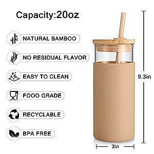 tronco 20 oz Glass Tumbler Glass Water Bottle Straw Silicone Protective Sleeve Bamboo Lid - BPA Free -Amber