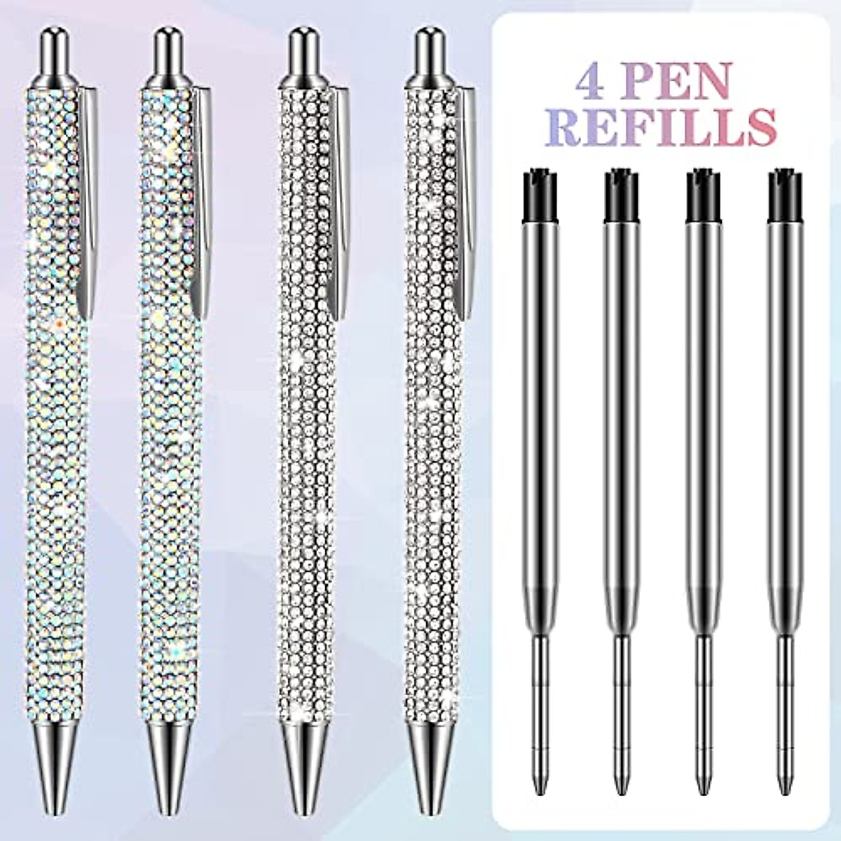 4 Pcs Rhinestone Metal Ballpoint Pens Bling Bling Pens Black Ink Pens Diamond Pen Big Crystal Ballpoint Pens 4 Pcs 1.0mm Pen Refills for Kids Students Teachers Gift (Silver, AB Silver)