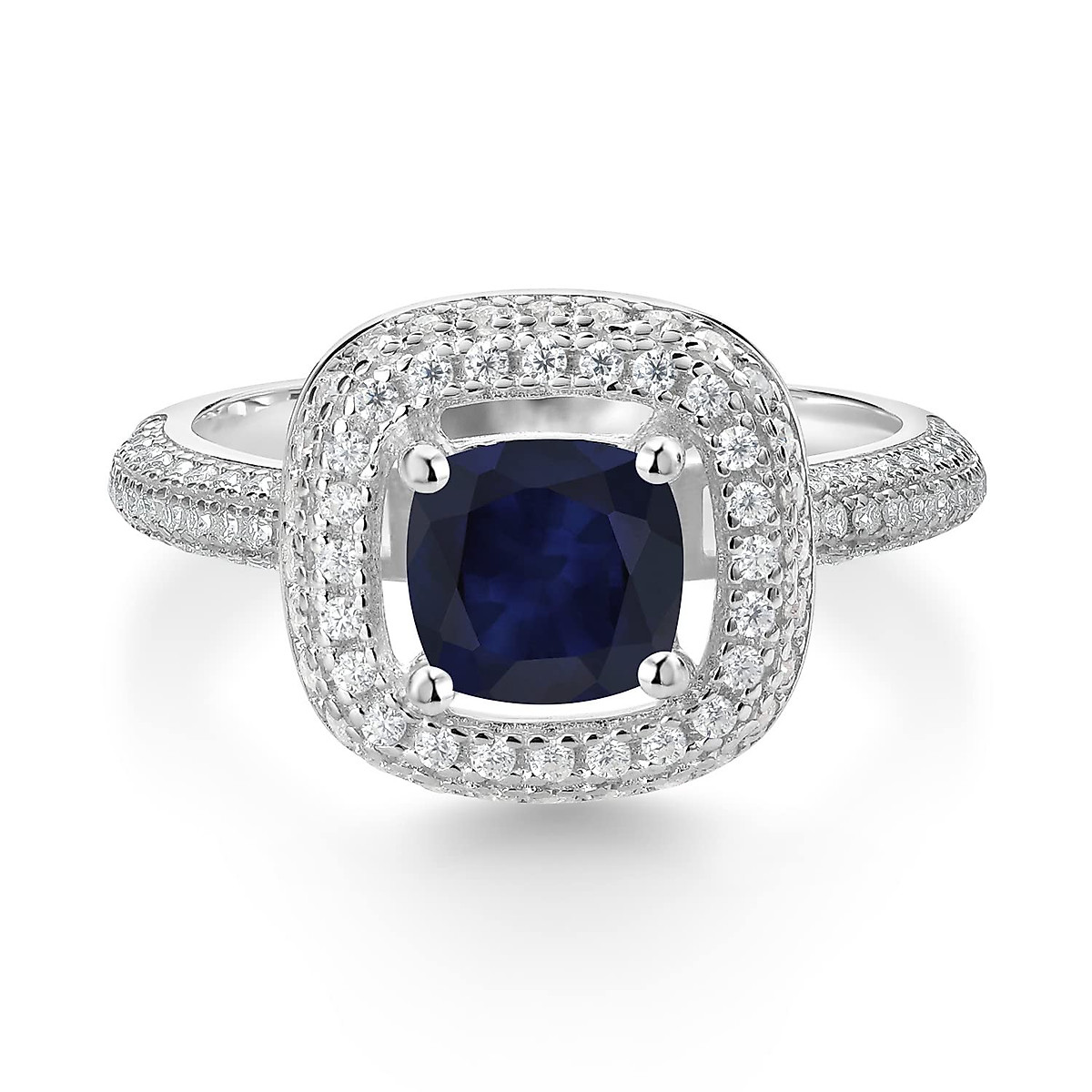 Gem Stone King 925 Sterling Silver Blue Sapphire and White Moissanite Engagement Ring For Women (1.93 Cttw, Cushion 6MM, Gemstone September Birthstone, Available In Size 5, 6, 7, 8, 9)