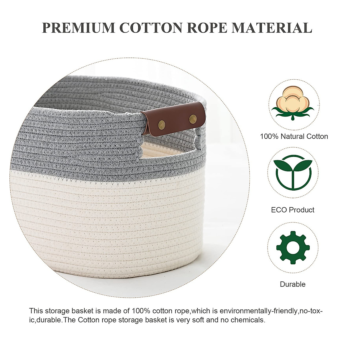 ECDYQXVU 1 Pack Cotton Rope Storage Baskets,15x10x9 in,Collapsible Storage Bins, Decorative Woven Basket Cube Storage Organizer for Nursery, Laundry, Towel, Clothes,Cosmetics, Books(White/Grey)