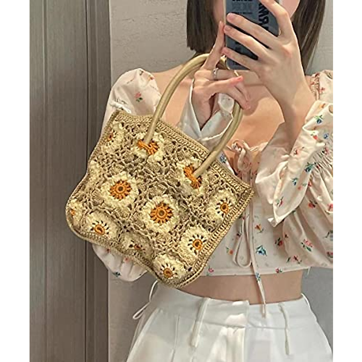 ZYYMMNN Casual Cotton Woven Bags Women Crochet Flower Handbag Hollow Tote Bags Hand-Woven Summer Hand Bag Vacation Straw Bag