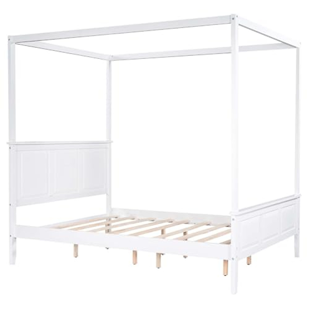 AMFSQJ Queen Size Canopy Bed Frame with Headboard and Footboard, White Canopy Platform Bed with Slat Support Leg