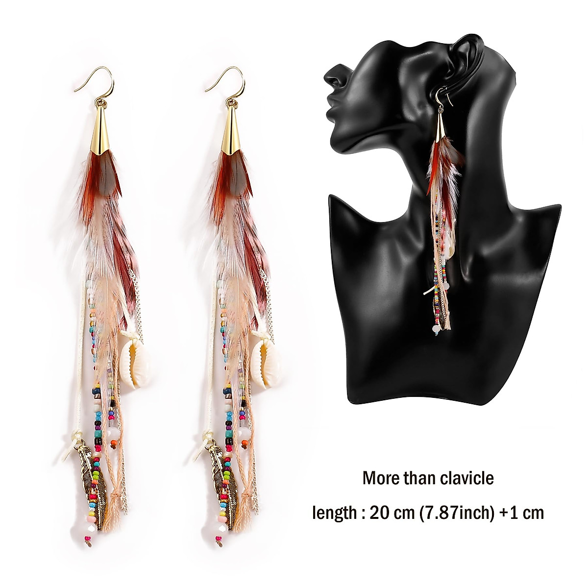 Boho Colorful Feather Feather Dangle Earrings for Women Bohemian Shell Beads Long Tassel Design Drop Earrings