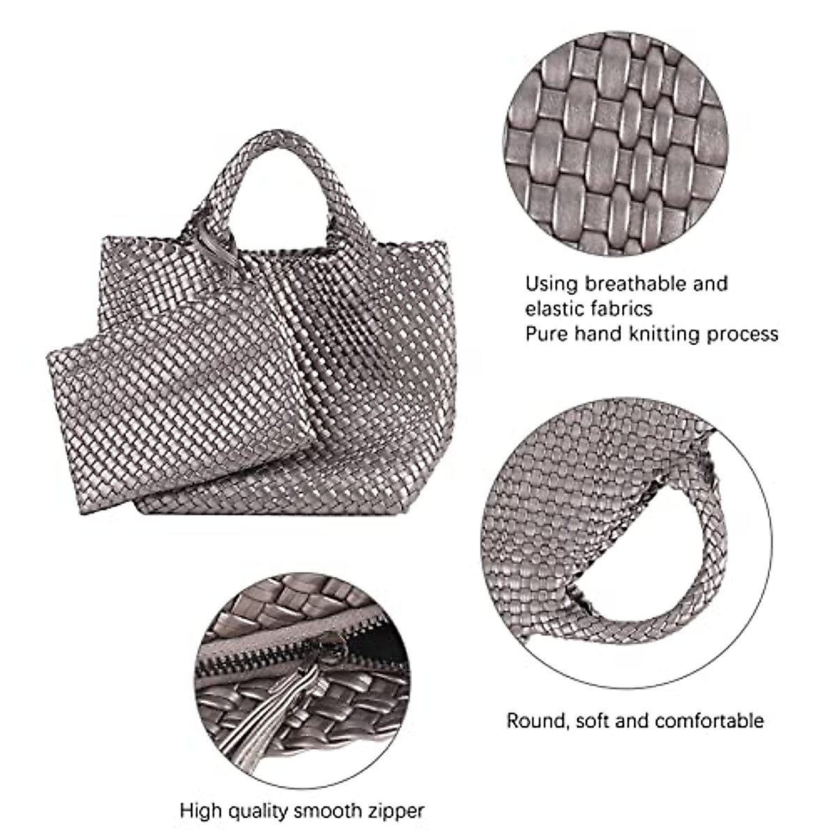 Woven Tote Bag, Women Macaron Soft Leather Weave Handbag Purse Wrist Bag Large Capacity Work Shopping Travel Daily (Silver)
