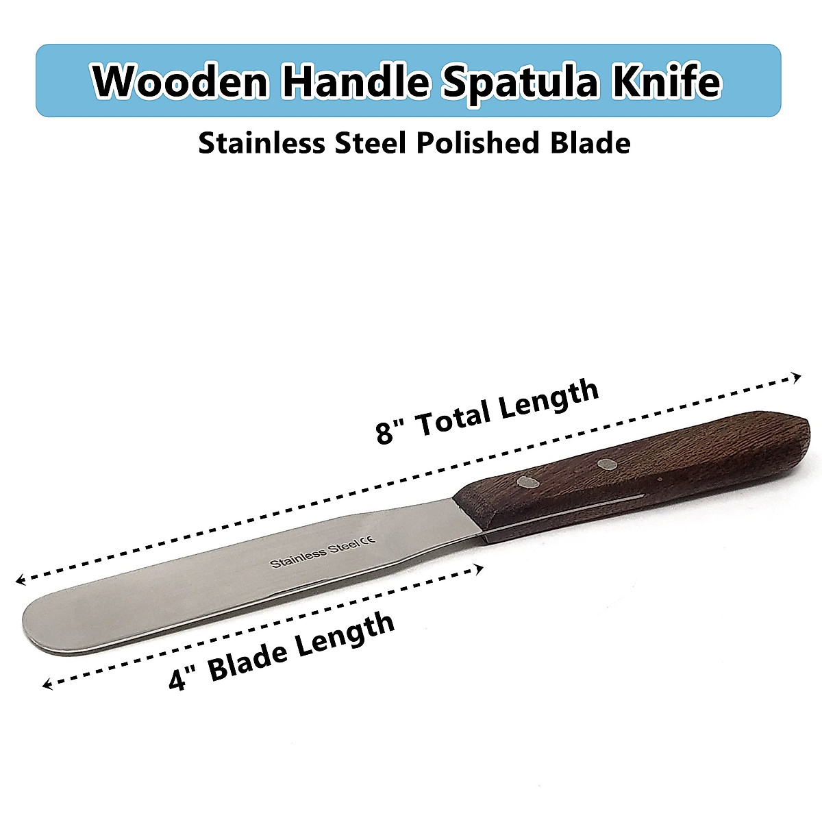 A2Z-WHS4 Stainless Steel Lab Spatula with Wooden Handle, 4" Blade, 0.62" Blade Width, 8" Total Length