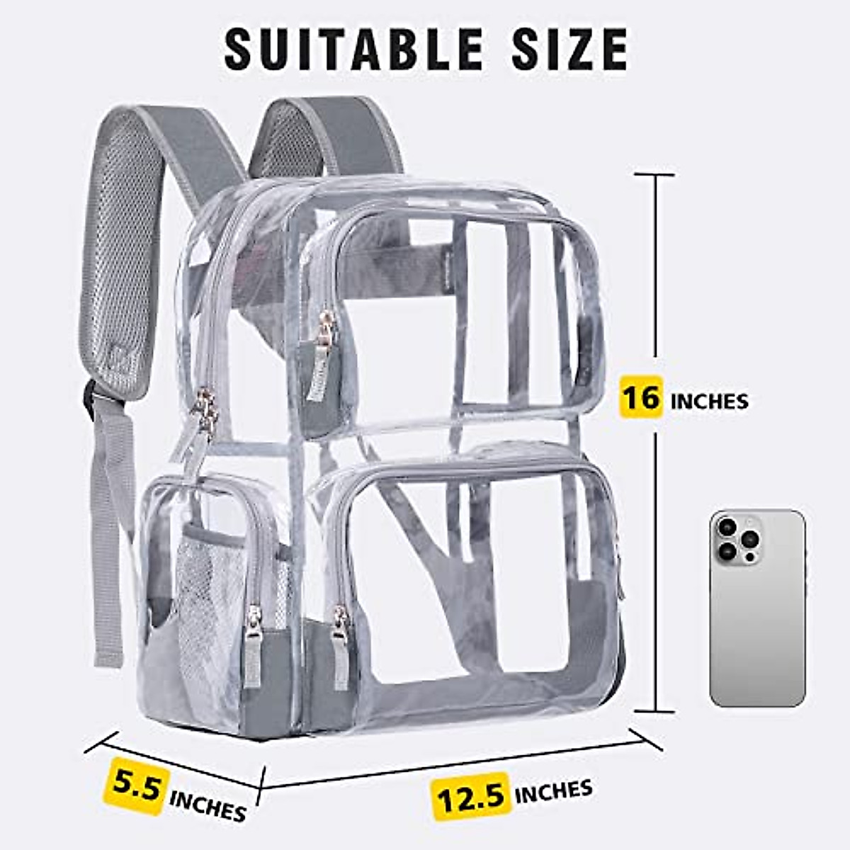 Vorspack Clear Backpack - Transparent Backpack with Reinforced Bottom & Multi-pockets for College Workplace Security - Grey
