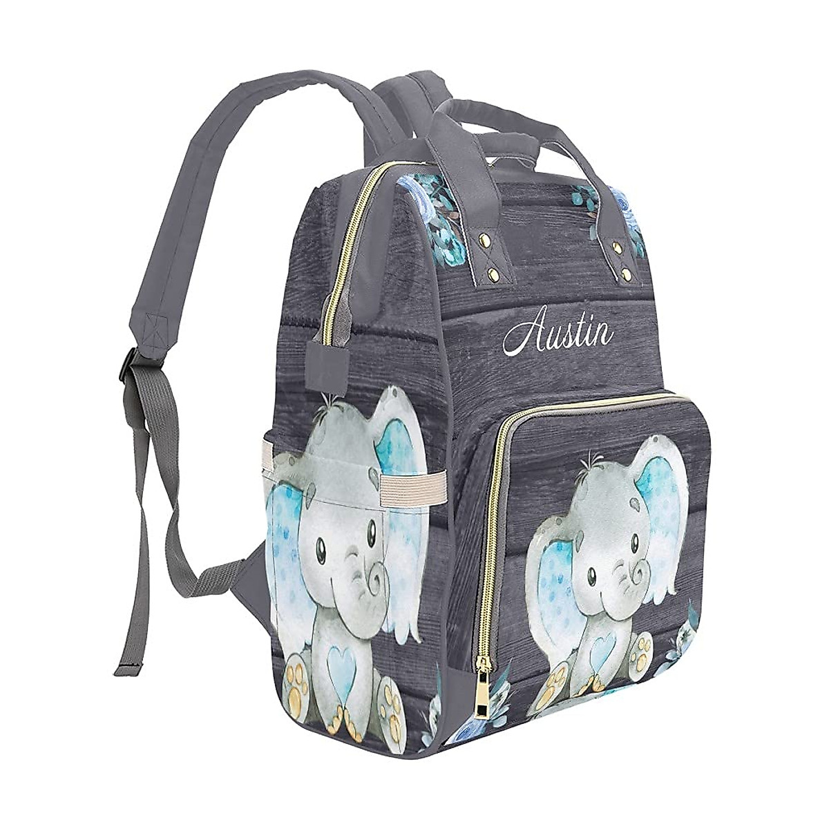 SunFancy Personalized Cute Blue Elephant Floral Diaper Backpack with Name Text Large Capacity Custom Multi-Function Bag Unisex Travel Backpack for Mom Dad Boy Girl, 10.83 in L x 6.69 in W x 15 in H