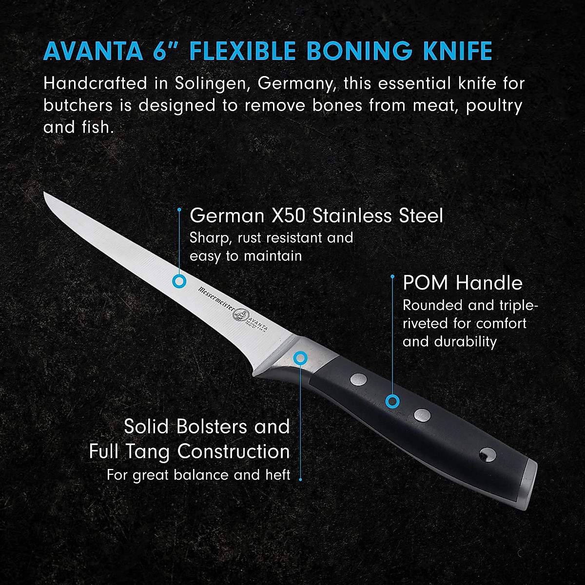 Messermeister Avanta 6” Flexible Boning Knife - German X50 Stainless Steel - Rust Resistant & Easy to Maintain