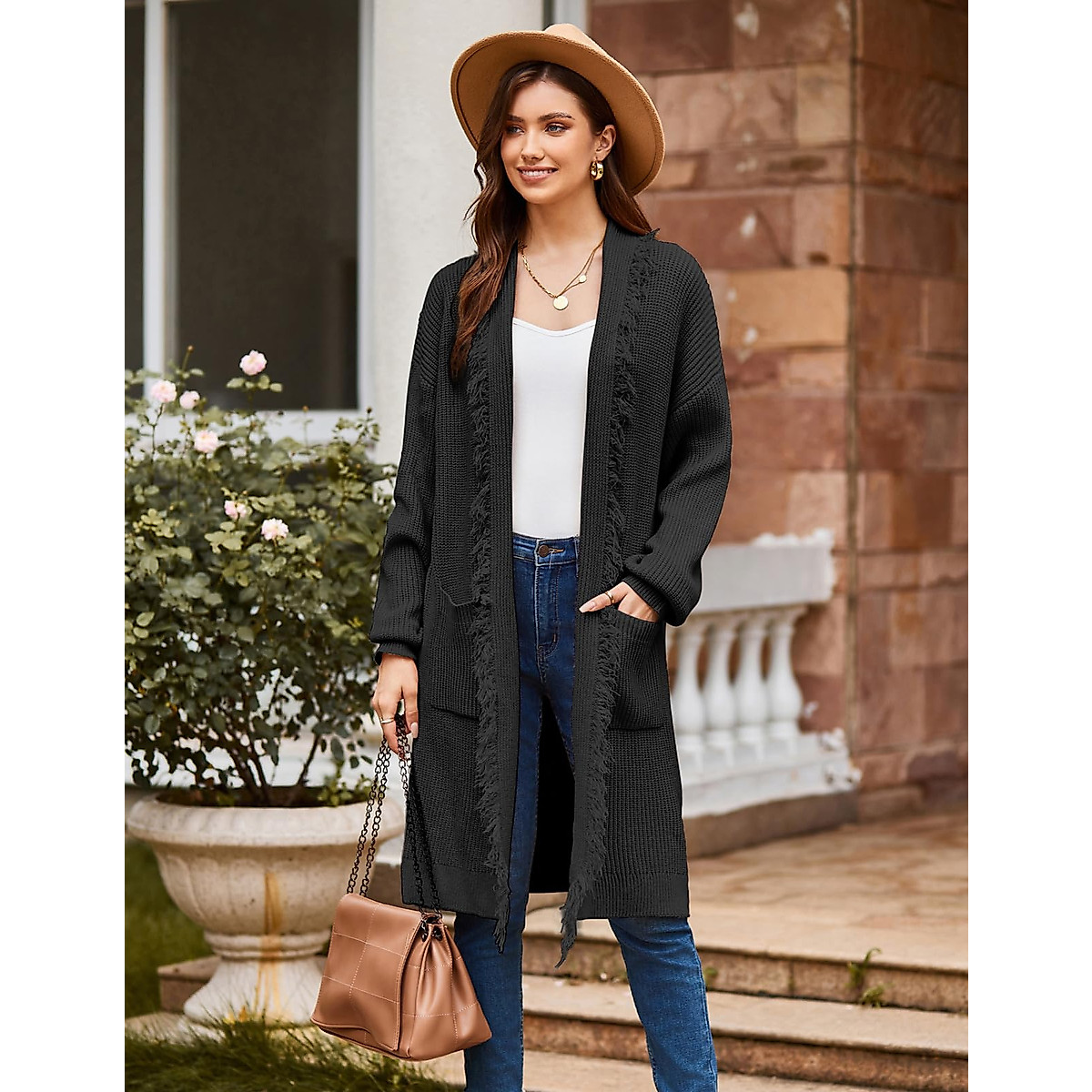 Women's Open Front Knit Cardigans Lapel Long Lantern Sleeve Chunky Knit Sweater Coat Cozy Slouchy Cardigan with Pockets(Black,XL)