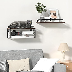 2Pcs Wall Mount Wooden Floating Shelves Metal Wire Mesh Basket Large Capacity Bathroom Shelves Over Toilet Storage Holder Organizer Rack for Bathroom, Kitchen, Living Room, Wall Decor Light Brown