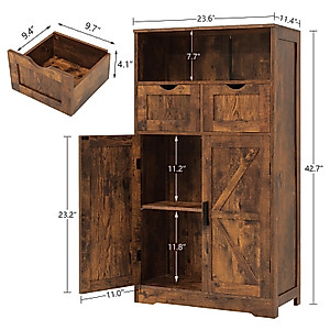 WEENFON Storage Cabinet with 2 Adjustable Drawers & 2 Barn Doors, Floor Cabinet, Freestanding Cupboard with Adjustable Shelf, for Living Room, Home Office, Kitchen, Rustic Brown