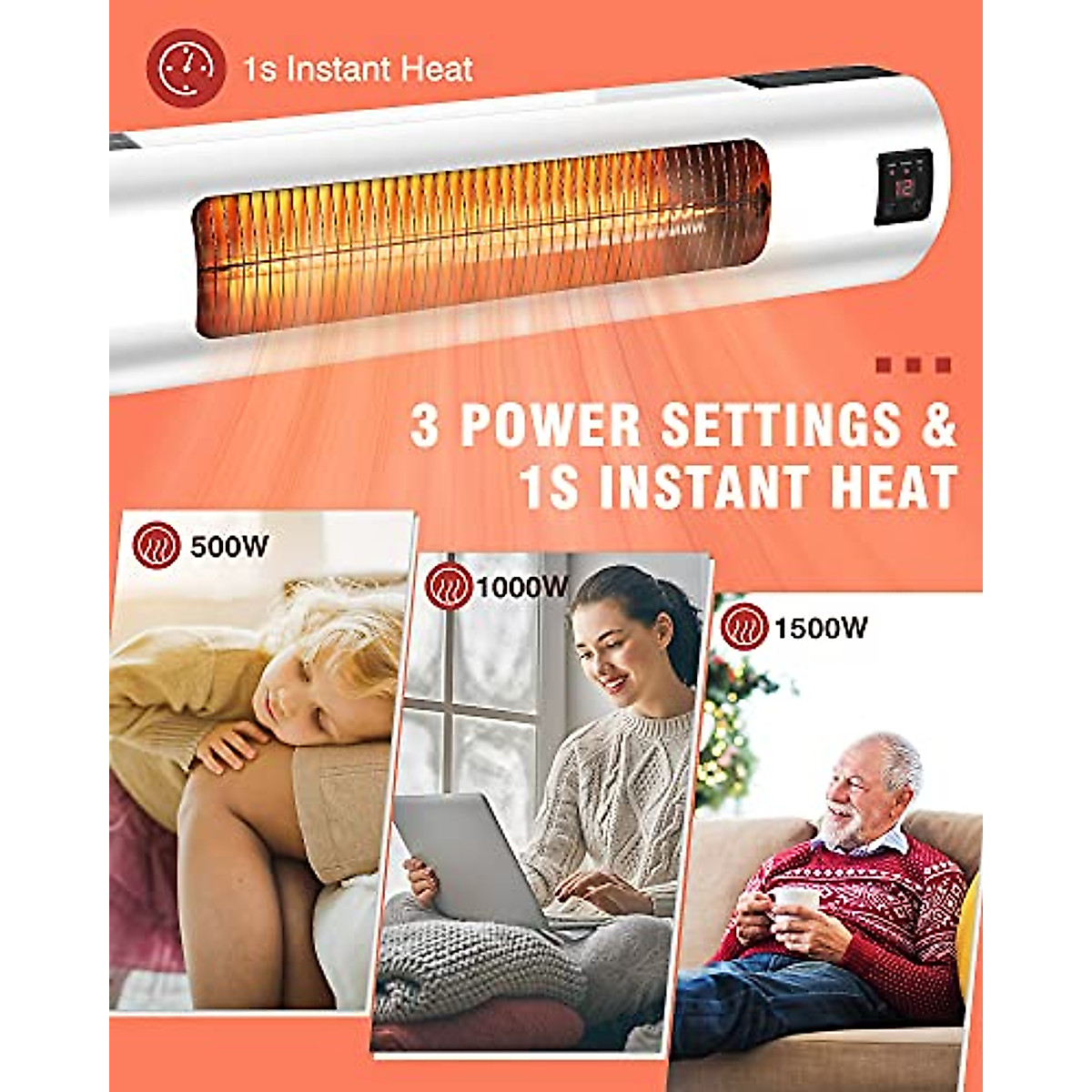 Outdoor Heater 1500W, Sunday Living Infrared Patio Heater, Electric Outdoor Heaters with Remote Control and 12H Timer, IP65 Waterproof, Wall Mounted, Outdoor Heaters for Patio, Silver