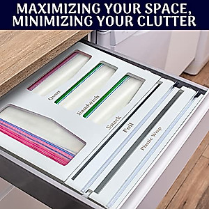 Ziplock Bag Organizer Bamboo, 6 in 1 Foil and Plastic Wrap With Cutter for Kitchen Drawer Compatible with Gallon, Quart, Sandwich and Snack Size Bags & 12" Rolls