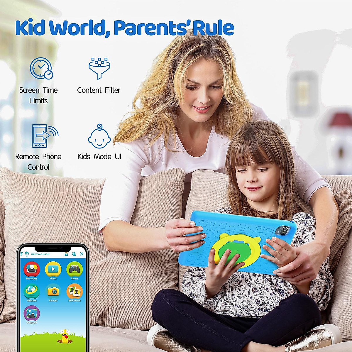 Anyway.go Kids Tablet 10 inch Tablet for Kids Android 13 Tablet 2+64GB Kid Tablet, Parent Controls, Kidoz Pre-Installed, 5000mAh Battery with WiFi Children Learning Tablet with Case (Blue)