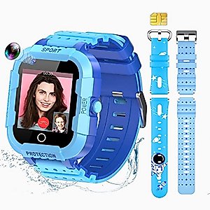 Smart Watch for Kids with SIM Card, 4G Kids GPS Tracker Watch, Bluetooth Wi-Fi Call Video & Voice Chat SOS Pedometer, Kids Cell Phone Watch Christmas Birthday Gifts for 3-15 Boys(75-Blue)