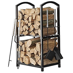 Home-it Firewood Rack - 2-Tier Outdoor Firewood Holder - 4 Hanging Hooks For Fireplace Tools Set, Poker, Tongs - Waterproof, Rust-Proof Steel Pipe Log Holder with Black Powder Coat Finish - 17x12x29