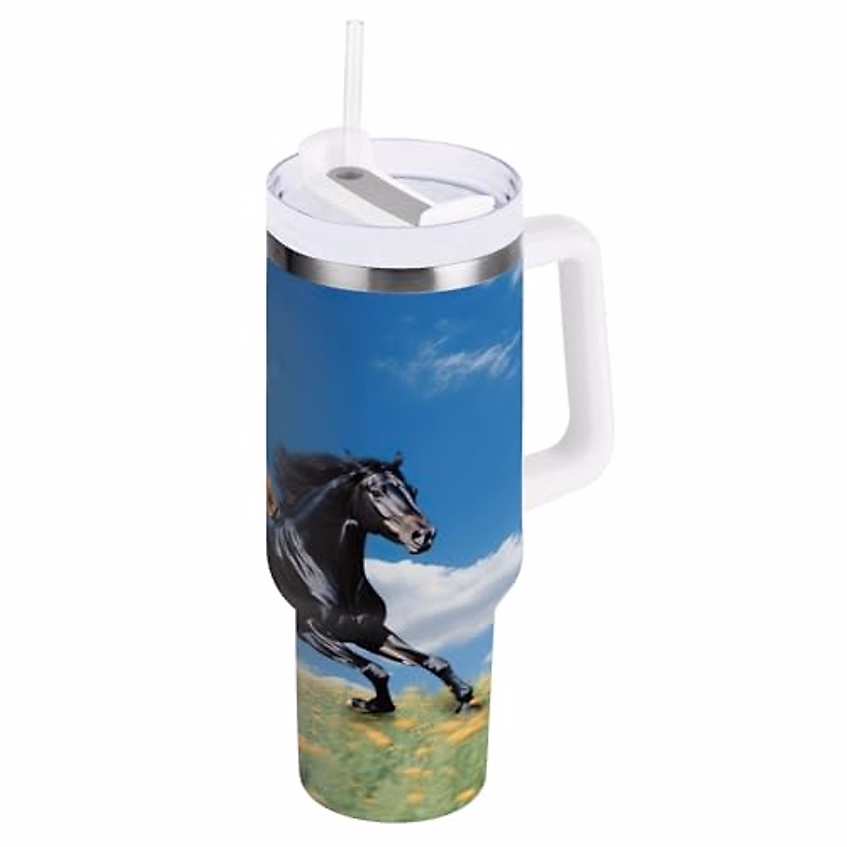 Jihqo Running Field Horses 40 oz Stainless Steel Vacuum Insulated Tumbler with Handle and Straw Lid, Leakproof Water Bottle Double Wall Travel Mug Coffee Cup, Cupholder Friendly