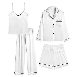 SWOMOG Womens Silk Satin Pajamas Set Three-piece Pj Sets Sleepwear Loungewear Button-Down Pj Sets White