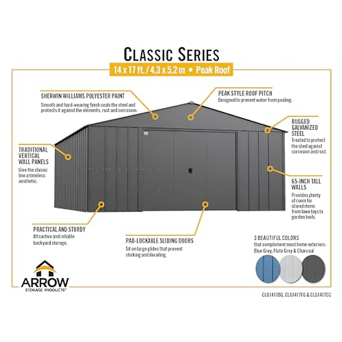 Arrow Classic Metal Shed, 14 x 17, Charcoal