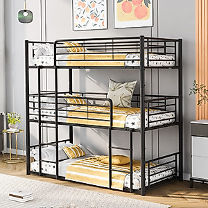 Majnesvon Metal Twin Size Triple Bunk Bed, Twin-Over-Twin-Over-Twin Triple Bed Frame Can be Split into 3 Bed with Built-in Ladder and Guardrails for Teens, Boys, Girls (Black)