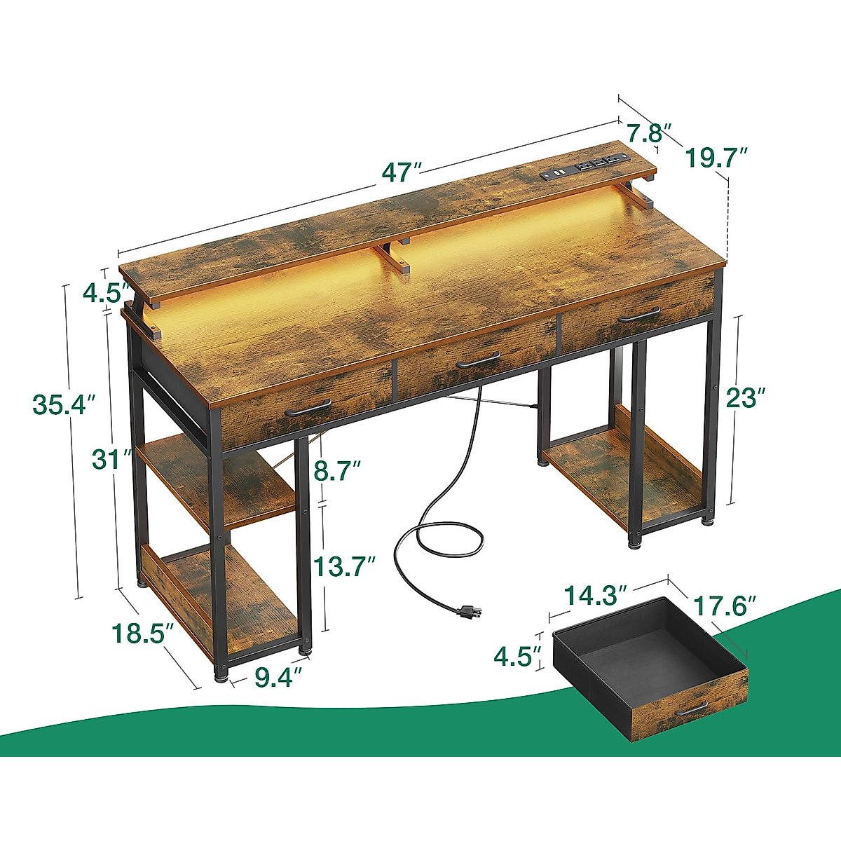 AODK 48 inch Computer Desk with 3 Drawers, Gaming Desk with LED Lights & Power Outlets, Home Office Desk with Storage Shelves & Monitor Stand, Modern Work Study Writing Table for Small Spaces, Vintage