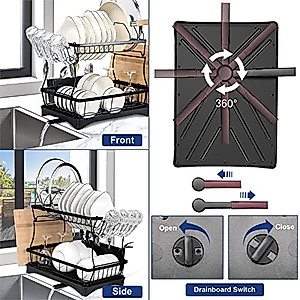 gretuld Dish Drying Rack,2 Tier Detachable Dish Drying Rack with Drainboard Set for Kitchen Counter,Black Metal Dish Rack with Wine Glass Holder and Utensils Holder