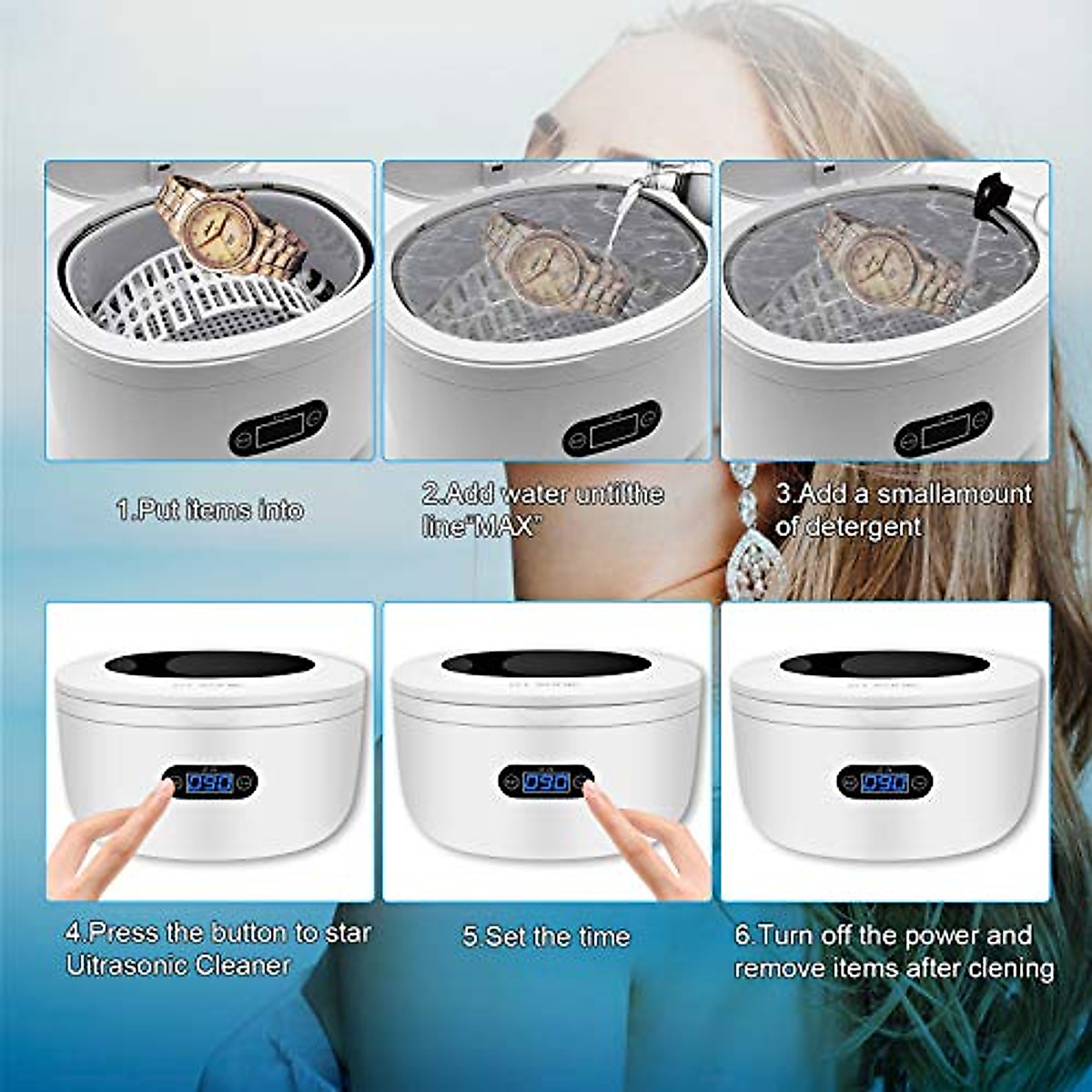 Ultrasonic Jewelry Cleaner -Silver Cleaner for Jewelry Rings Eyeglasses Watches Coins Tools Razors Earrings Necklaces Dentures,Waterproof with Five Digital Timer and 25 Ounces Tank