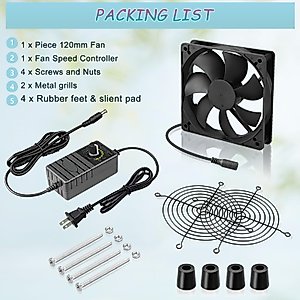 WDERAIR AC 120mm Powerful Computer Fan with AC Plug, 110V - 240V AC to DC 12V Variable Speed Controller for Electronic Components，PS5，Router，Xbox，Growtent，Modem，Amplifier，Receiver，Biltong Cooling