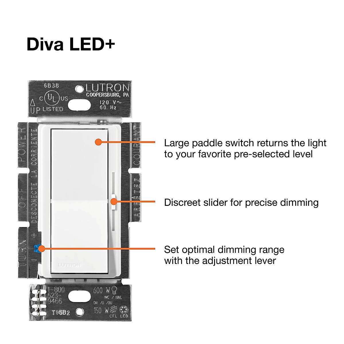 Lutron Diva LED+ Dimmer Switch for Dimmable LED, Halogen and Incandescent Bulbs, Single-Pole or 3-Way, DVCL-153P-WH, White