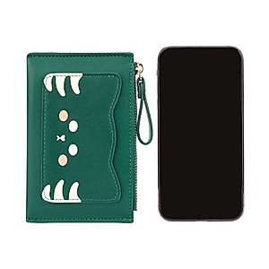 Women's Leather Slim Minimalist Card Holder Case Cute Small Zipper Coin Change Wallet, Green