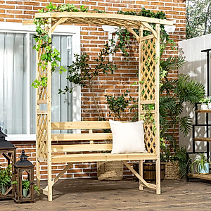 Outsunny Patio Garden Bench Arbor Arch with Pergola and 2 Trellises, 3 Seat Natural Wooden Outdoor Bench for Grape Vines & Climbing Plants, Backyard Decor, Natural