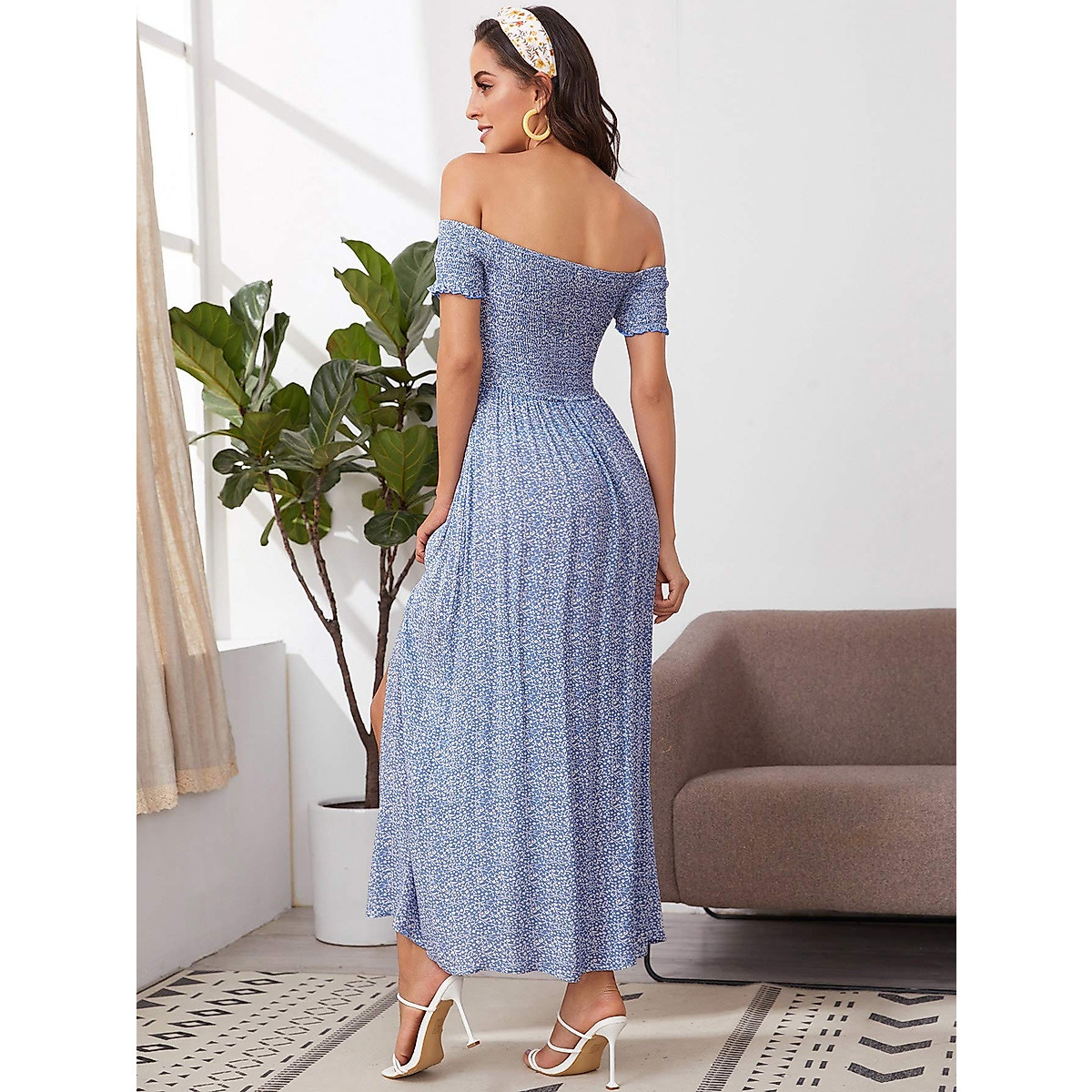 Floerns Women's Boho Floral Print Off Shoulder Split Long A Line Dress Blue Flower M