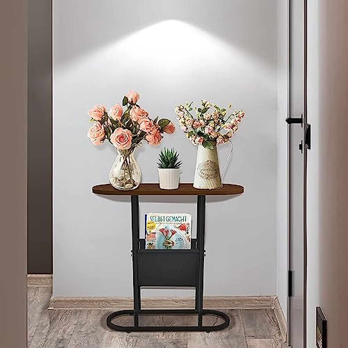 graffitimaster Oval Narrow Side Table with Magazine Sling Holder Pouch, Slim End Table with Metal Frame for Living Room Bedside Bedroom Couch Small Spaces, Retro Wood Grain Finish