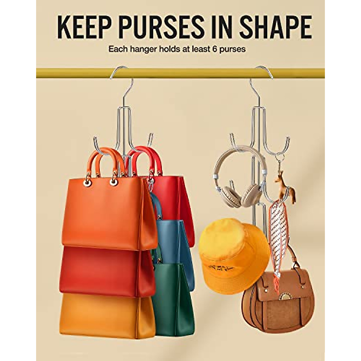 2Pack Purse Hanger Organizer for Closet Handbag Silver Metal Holder, Hanging Closet Organization Storage Scarves, Men's Ties, Women's Shawls, Backpacks, Belts, Accessories, Clothes (Silver)